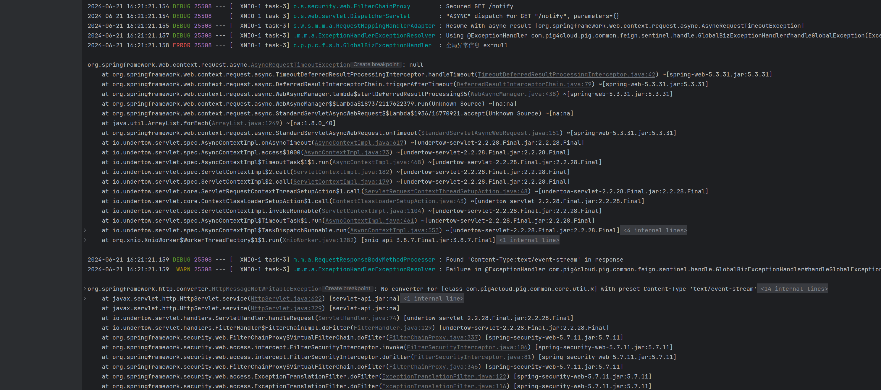 No converter for [class com.pig4cloud.pig.common.core.util.R] with preset Content-Type 'text ...